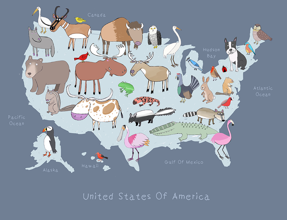 United States Map Animals Wall Mural by Carla Daley
