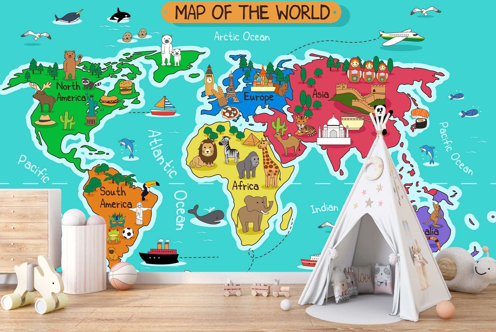 Cartoon Animal Map Wallpaper Wall Mural