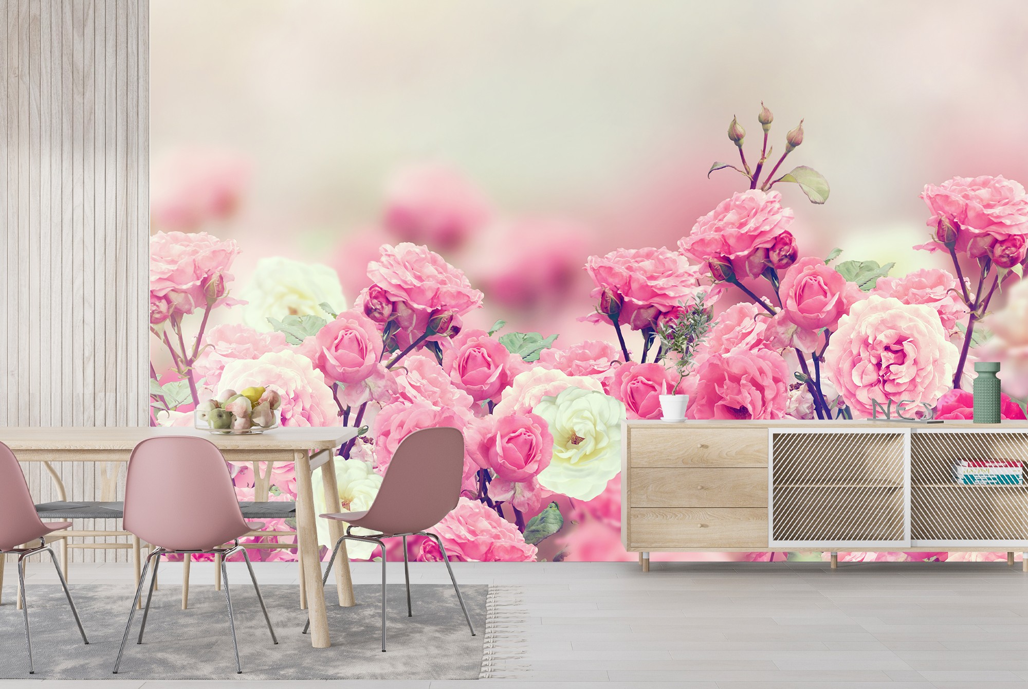 Pink & White Roses Wallpaper Wall Mural