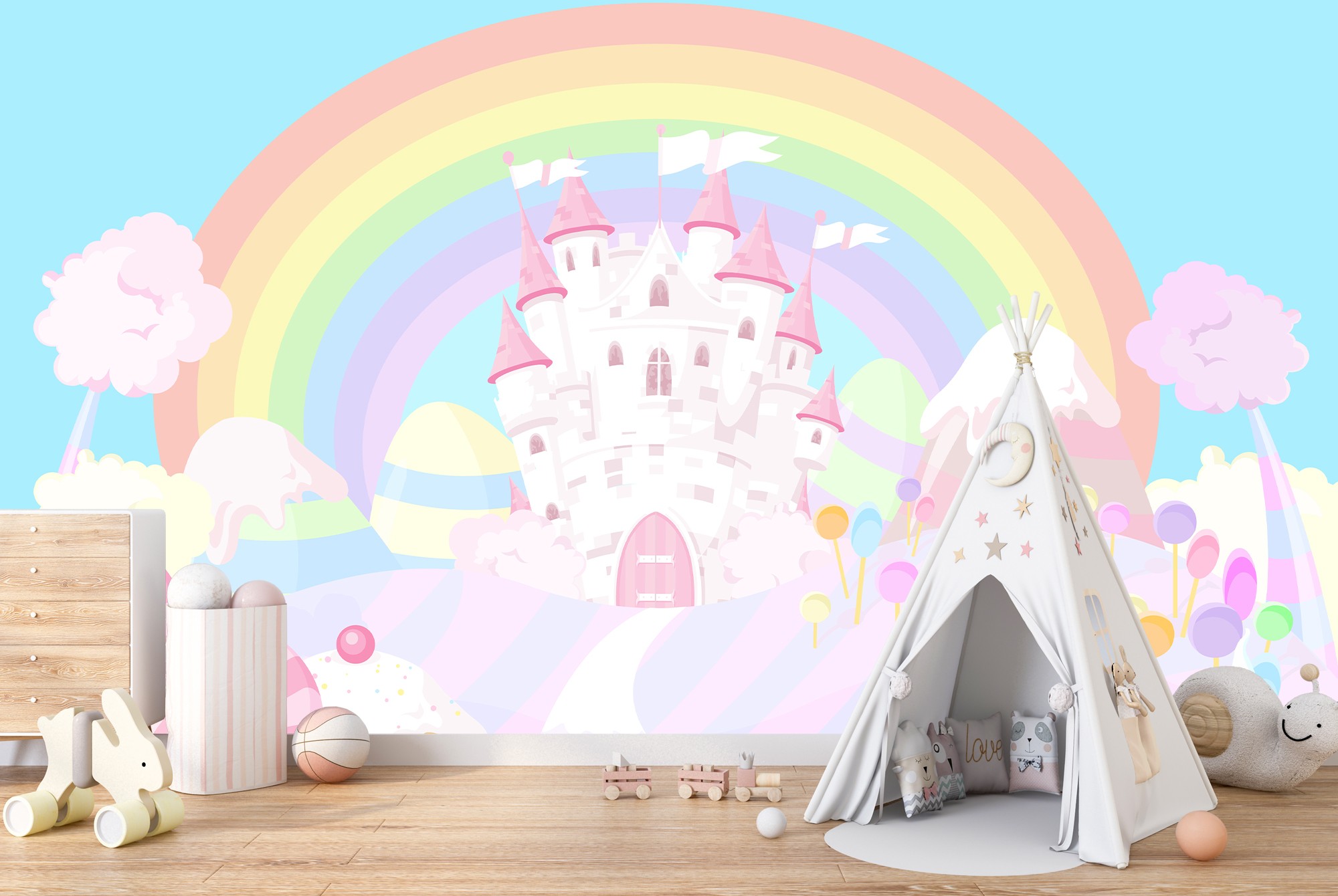 Rainbow Princess Castle Wallpaper Wall Mural