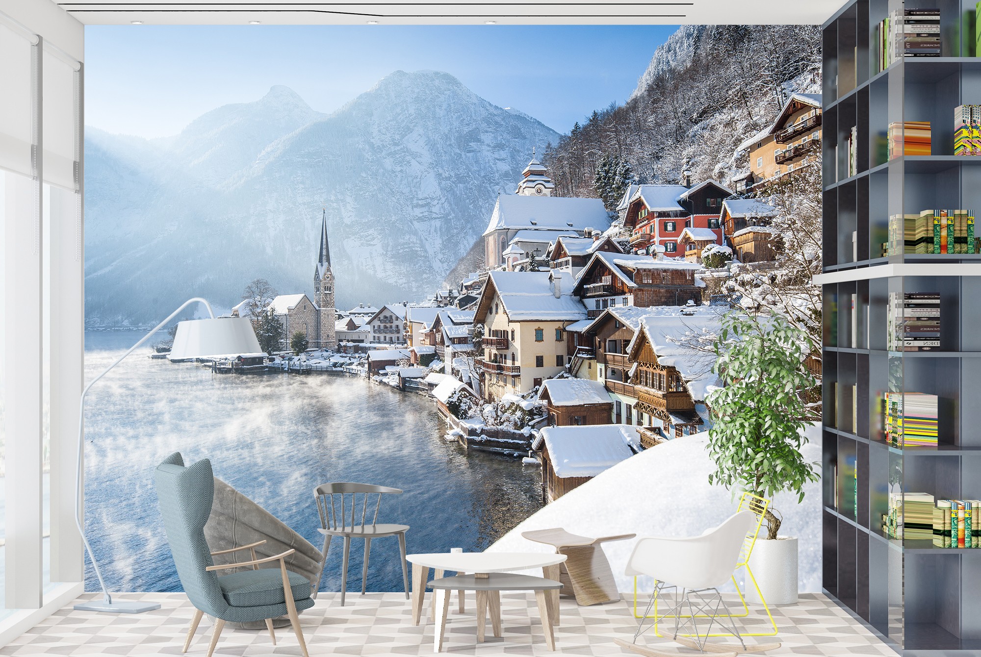 White Winter Village Mountain Lake Wallpaper Wall Mural
