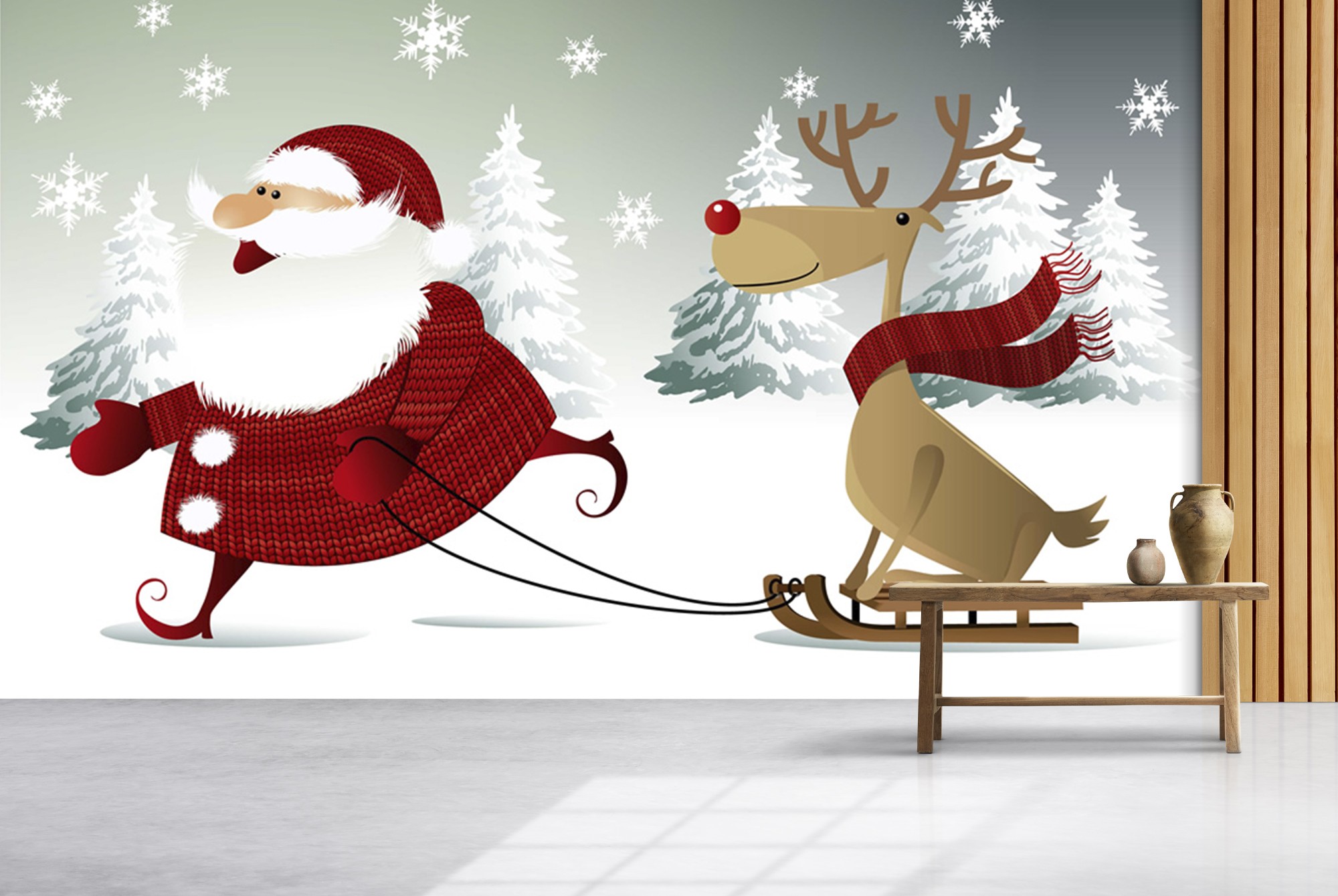 Santa Sleigh & Reindeer, Christmas Wallpaper Wall Mural