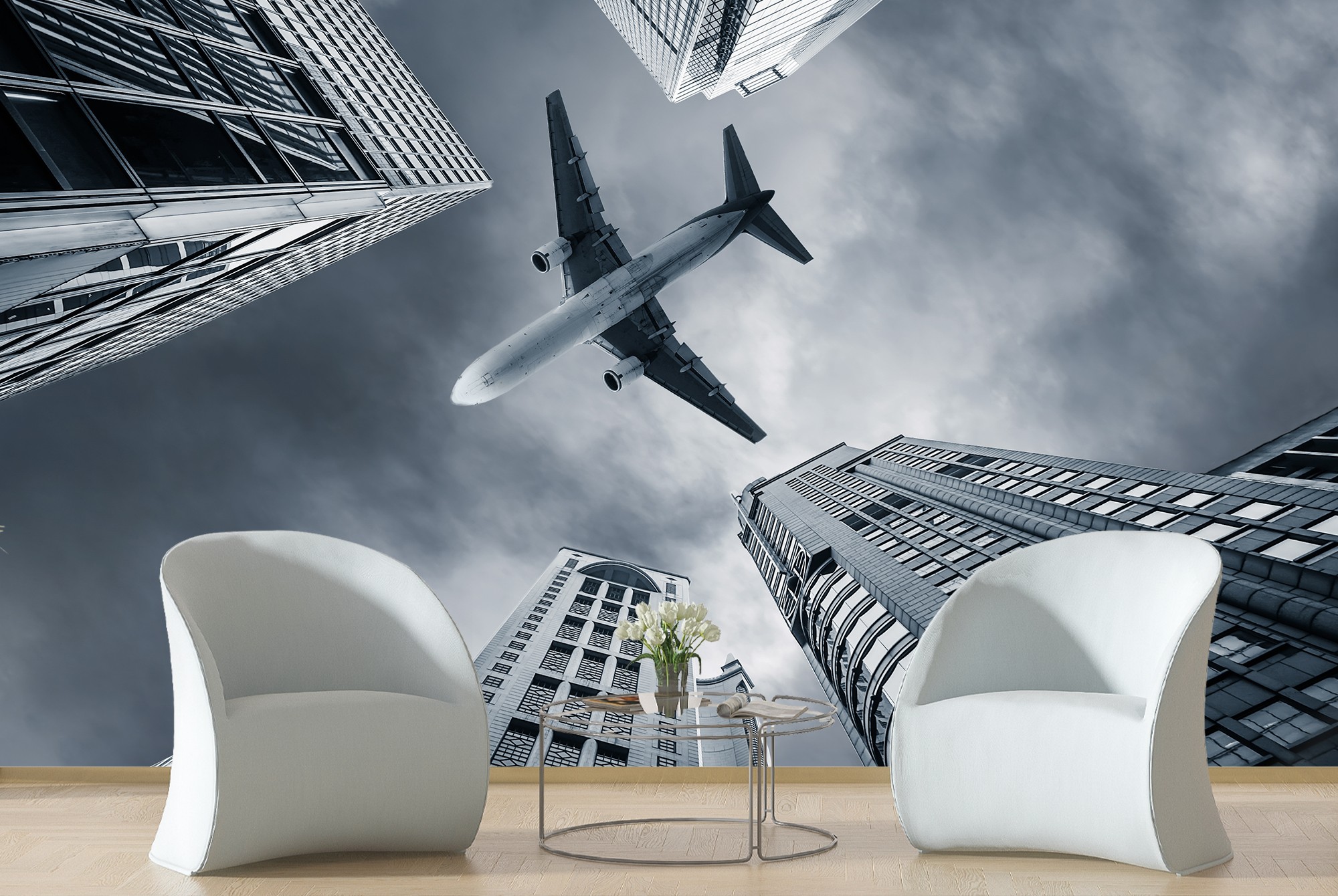 Airplane & City Skyscrapers Wallpaper Wall Mural