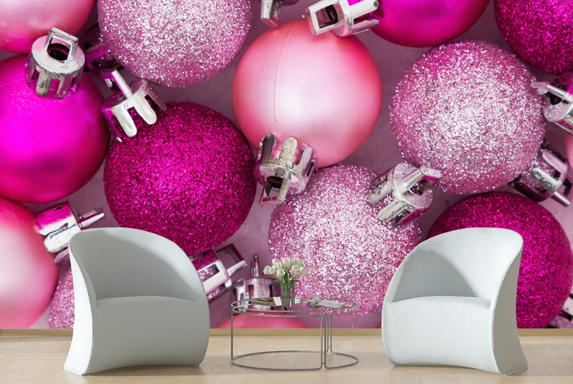 Pink Baubles Christmas Wallpaper Wall Mural