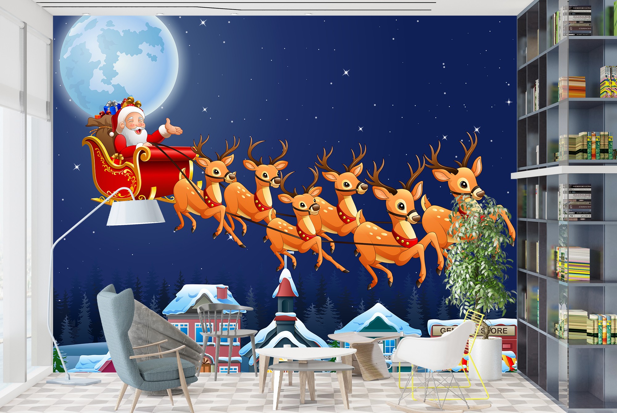 Santa & Reindeer Rudolph Christmas Wallpaper Wall Mural