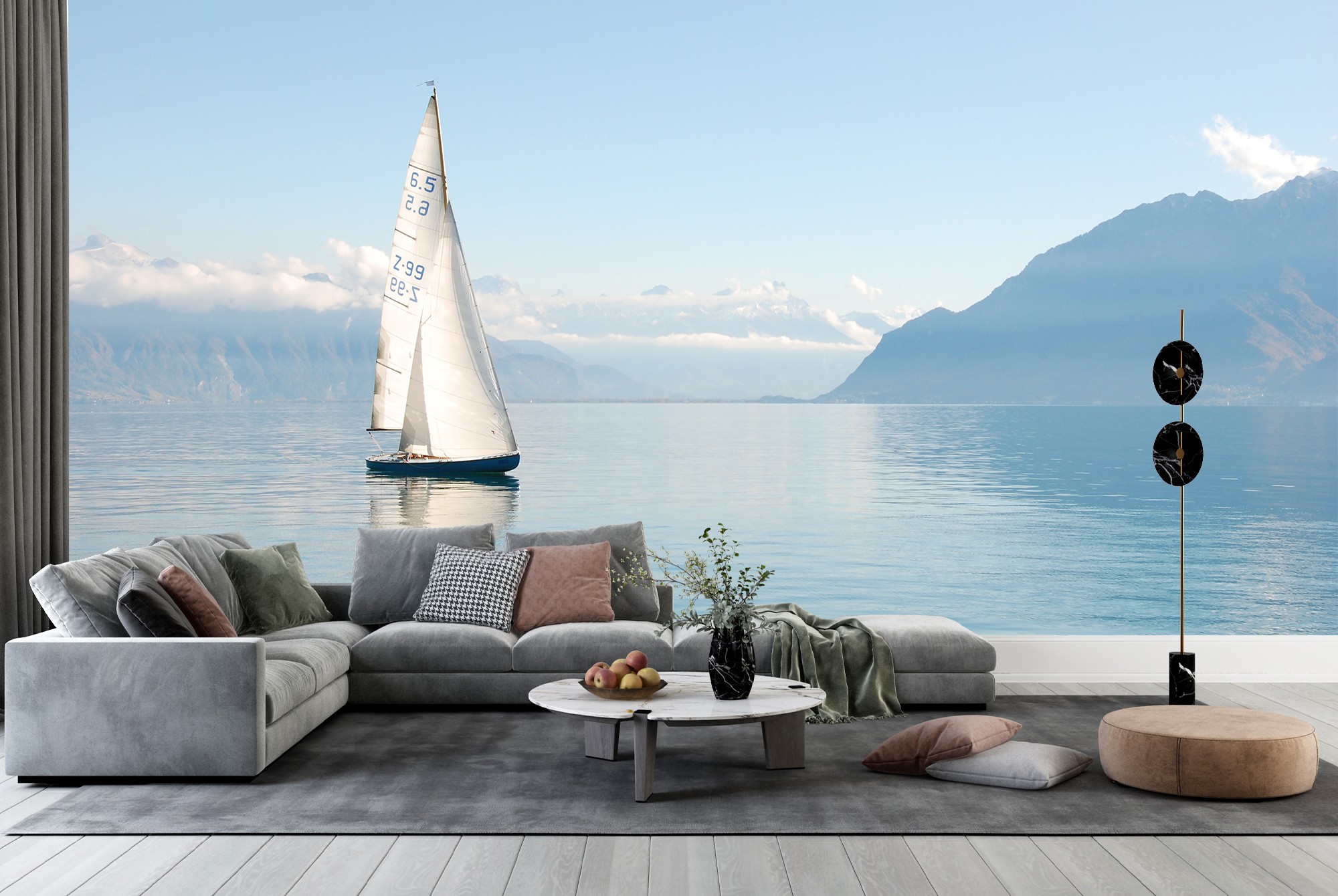 White Sailboat & Mountains Wallpaper Wall Mural