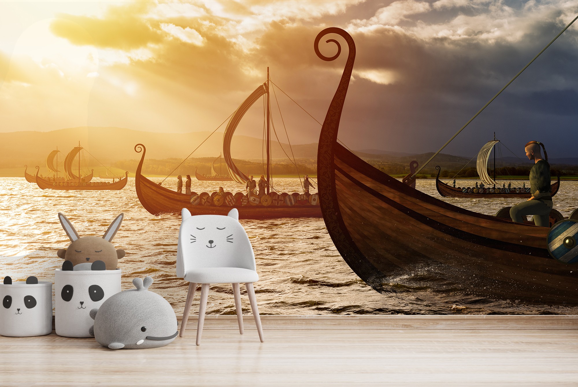 Viking Ships Ocean Sunset Wallpaper Wall Mural