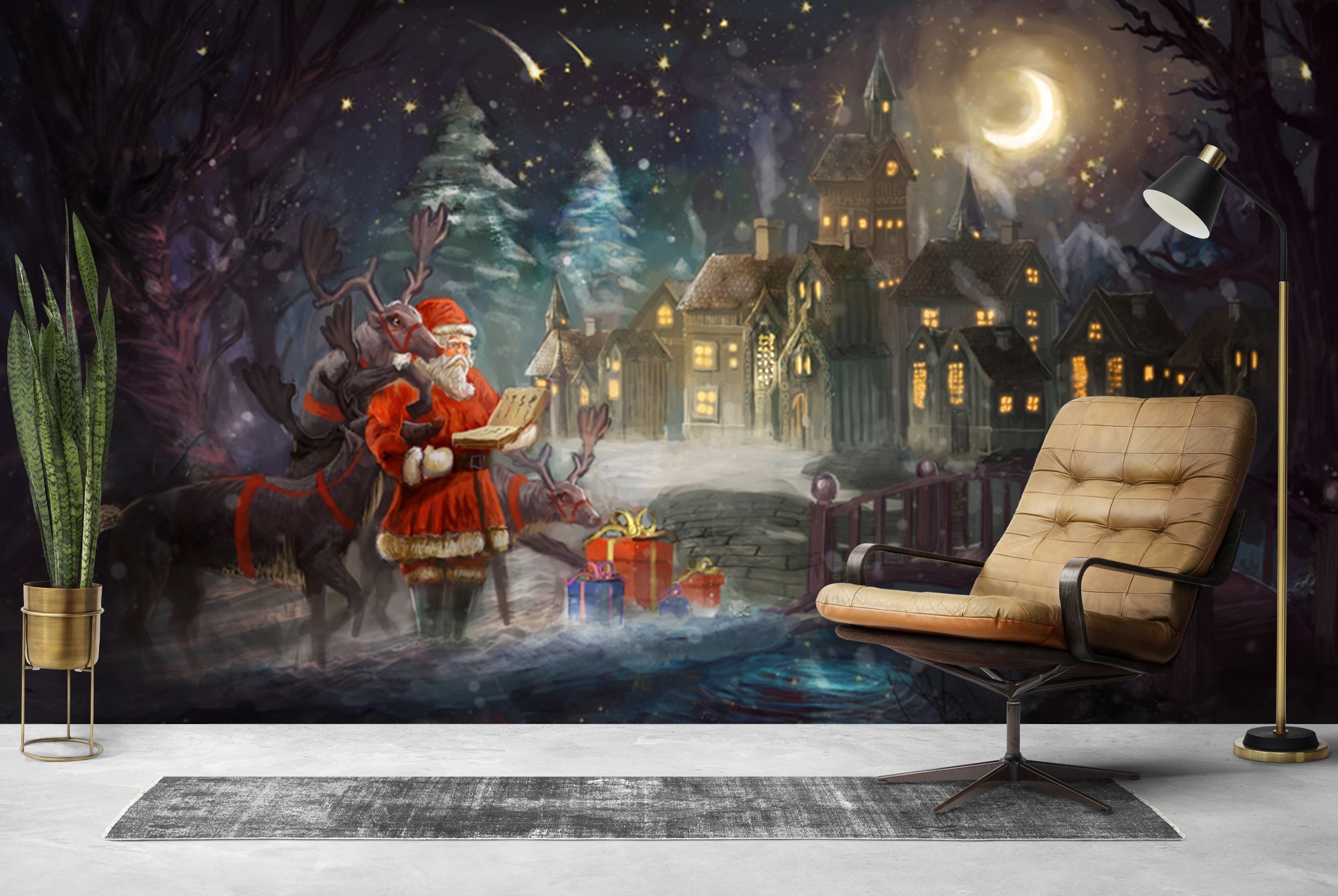 Santa & Reindeer Village Christmas Wallpaper Wall Mural