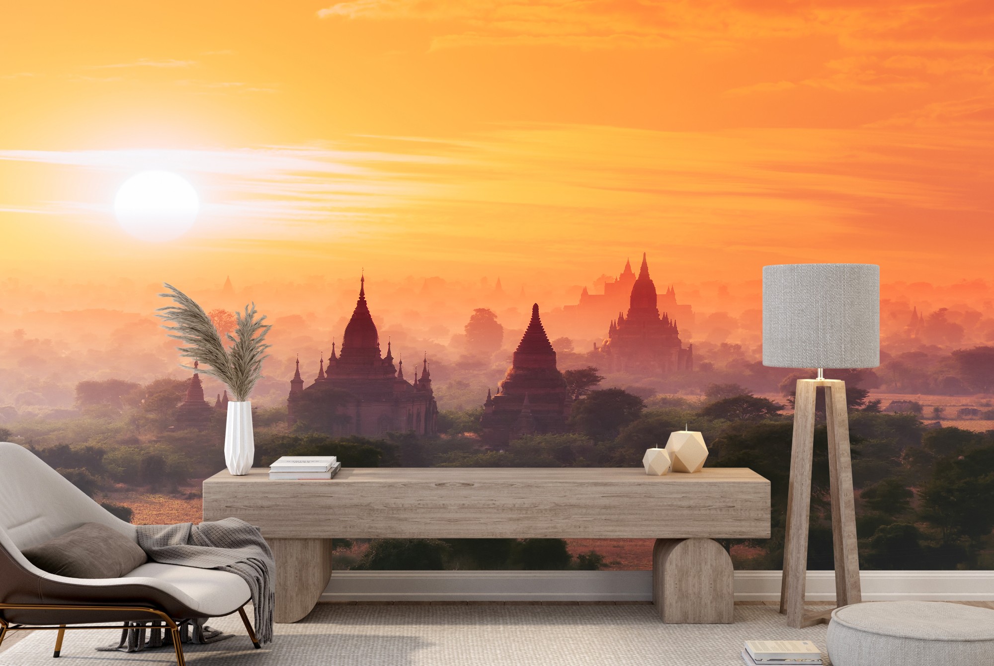 Buddhist Temples Myanmar Bagan Sunset Wallpaper Wall Mural