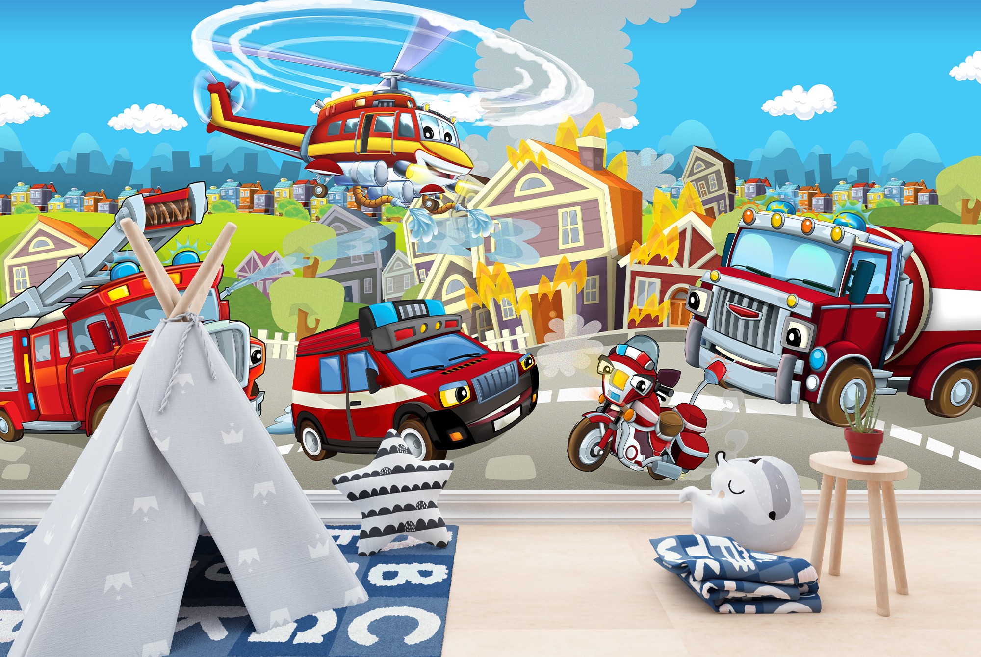 Fire Engine Fire Truck Scene Wallpaper Wall Mural