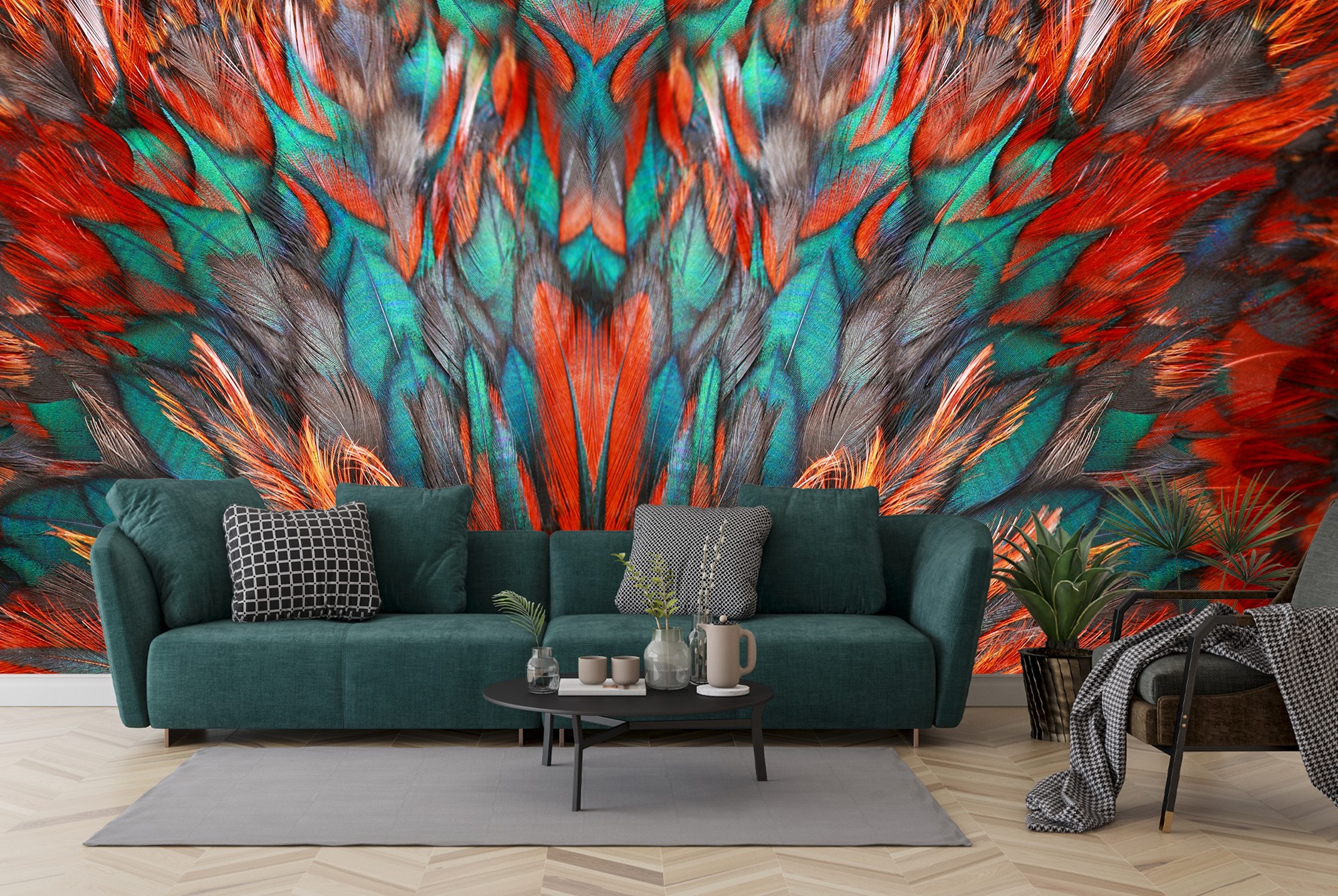 Colourful Feathers Orange Blue Wallpaper Wall Mural