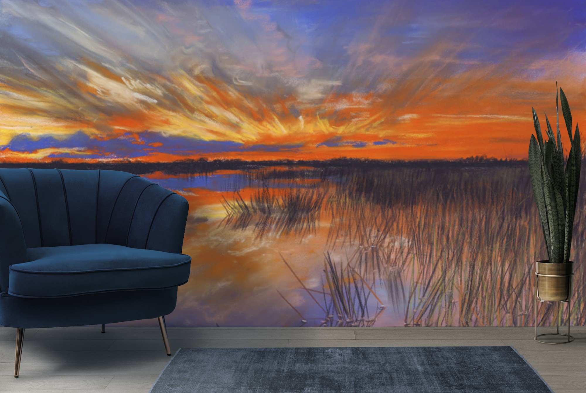 Sunset Reeds Wall Mural by Danguole