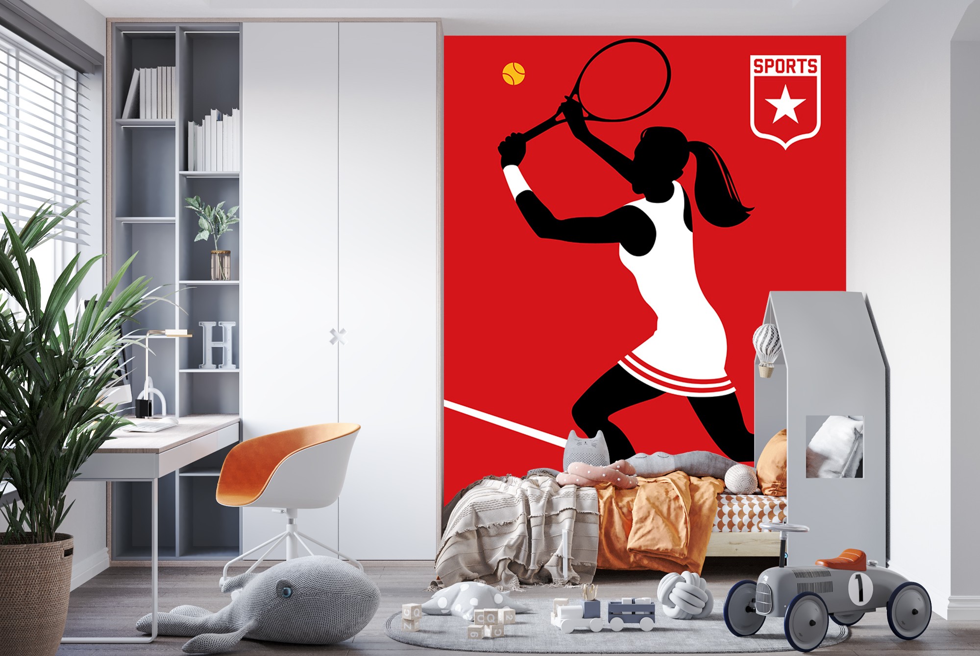 Tennis Player on Red Wall Mural by Bo Lundberg